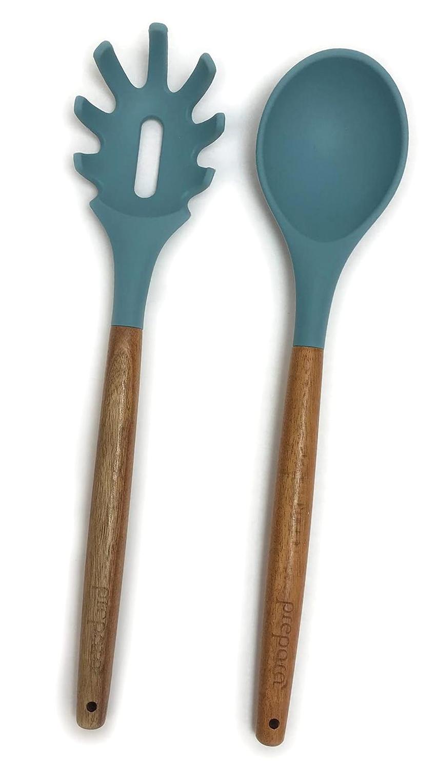 FREEAMG Acacia and Silicone Spaghetti and Solid Spoon set, Steel Blue ...