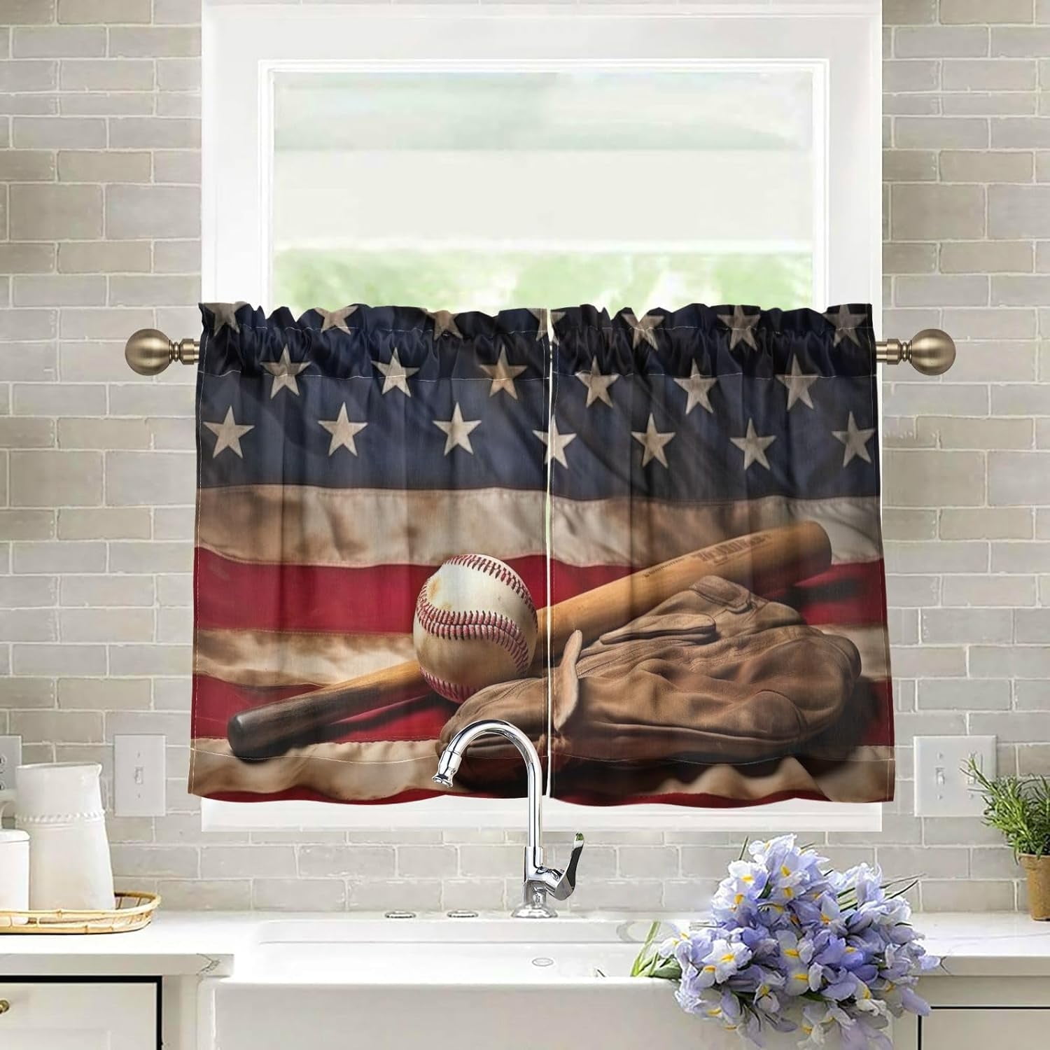 FREEAMG American Baseball Half Window Tier Curtains 36 Inch Blackout ...