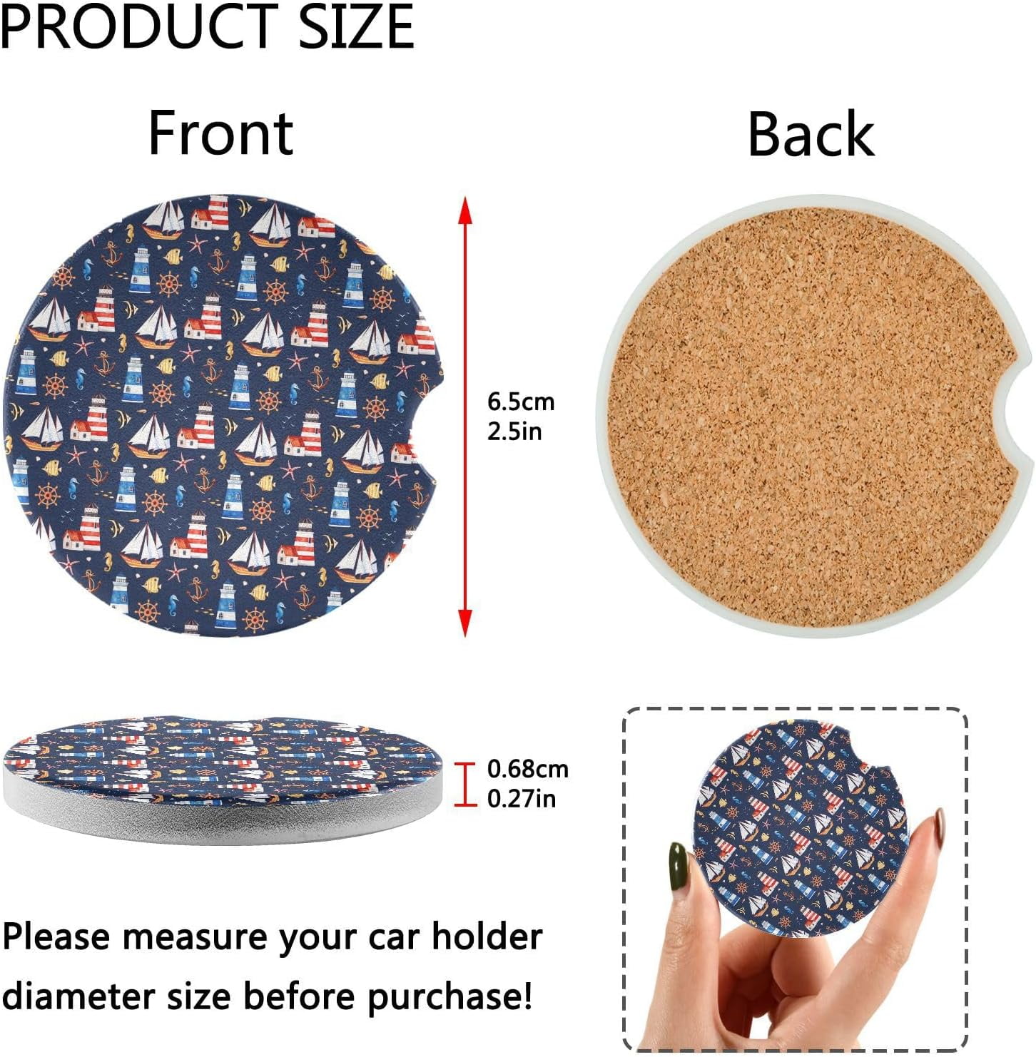 FREEAMG Anchor Seahorse Lighthouse Car Coasters 2 PCS Drinks Absorbent ...