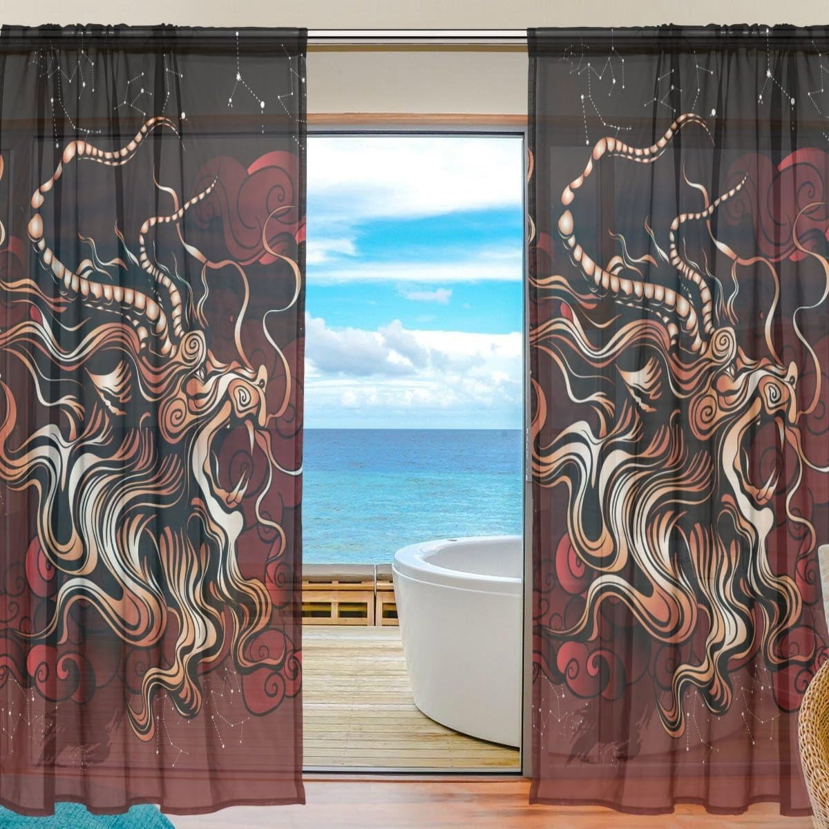 FREEAMG Ancient Astrology Antelope Sheer Window Curtain Panel Drape 55x78 Inch for Living Room ...