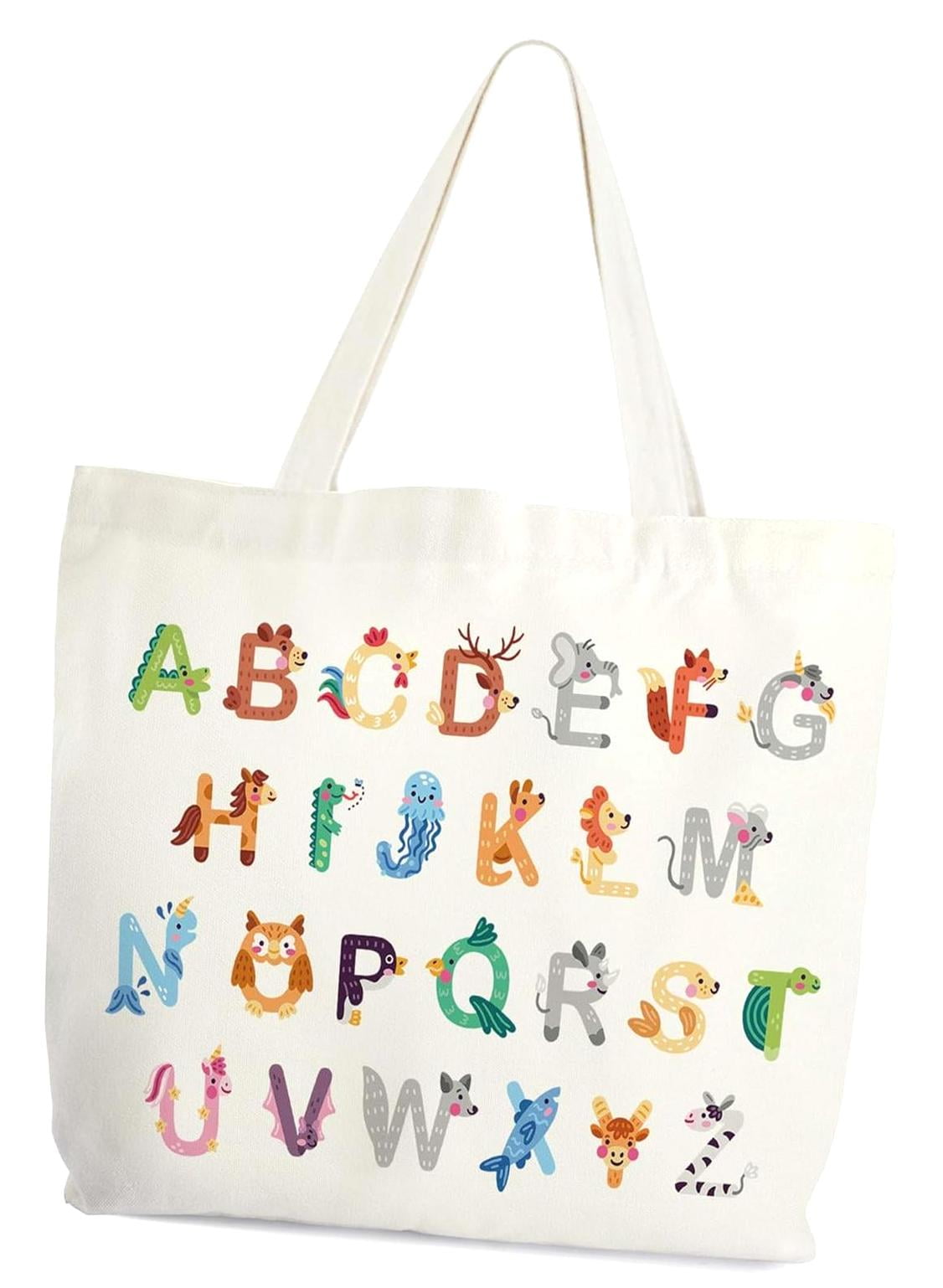 FREEAMG Animal Alphabet Canvas Tote for Women, ABC Learning Bag, Adorable Animal Tote, Library ...