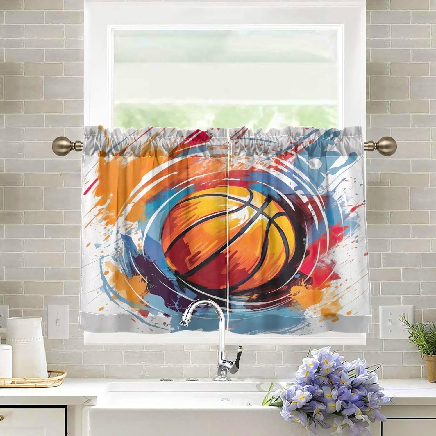 FREEAMG Basketball Paintin Half Window Tier Curtains 36 Inch Blackout ...