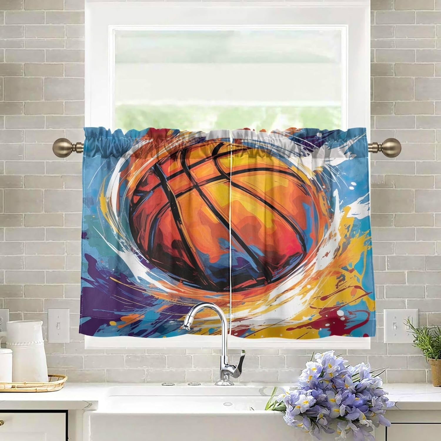FREEAMG Basketball Painting Half Window Tier Curtains 36 Inch Blackout ...