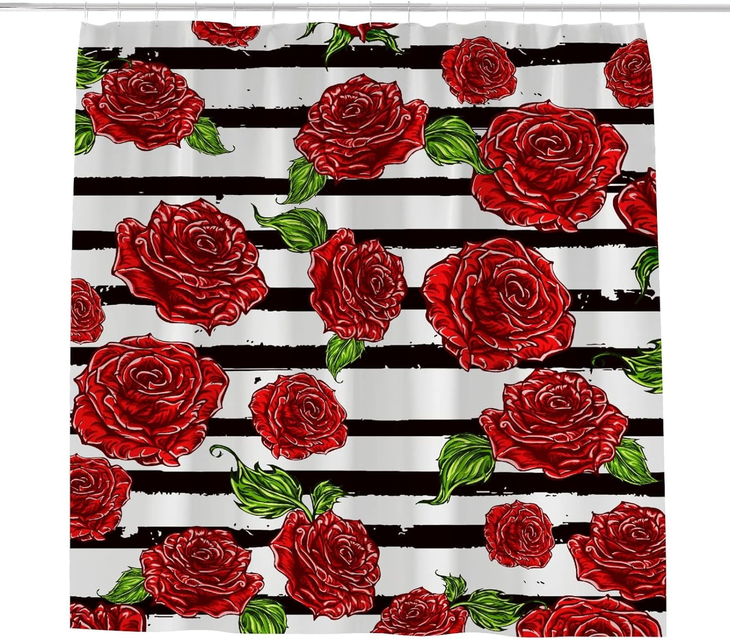 FREEAMG Bath Curtains Shower Curtain Red Roses with Leaves Black White ...
