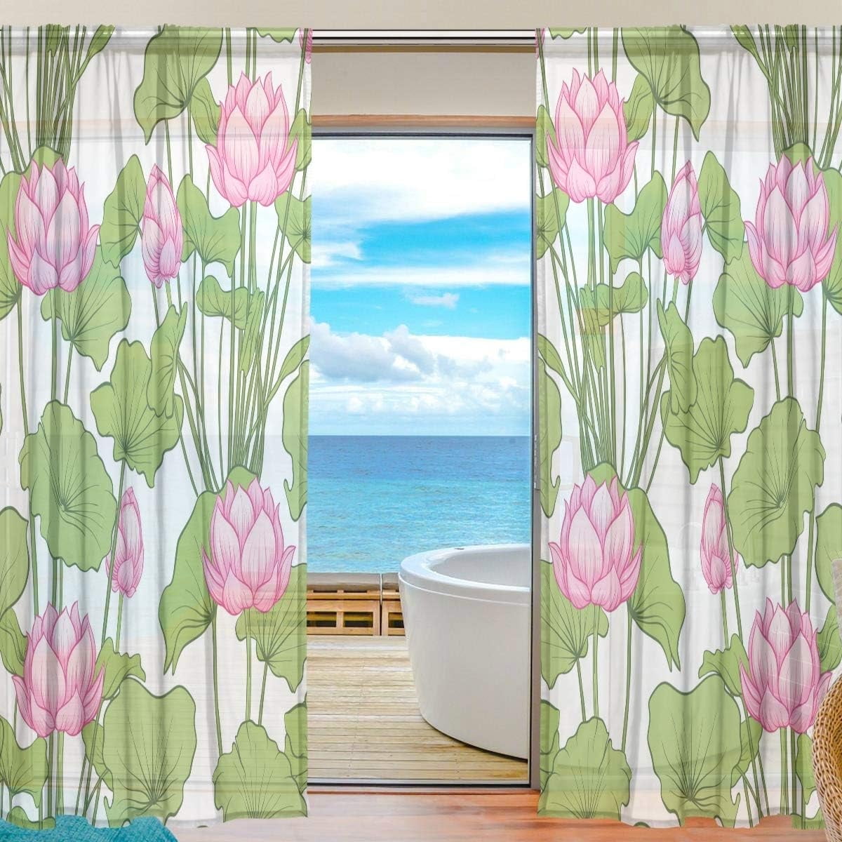 FREEAMG Beautiful Lotus Flower Botanical Sheer Curtains Window Voile ...