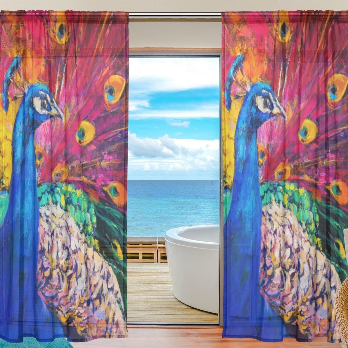 FREEAMG Beautiful Peacock Sheer Window Curtain Panel Drape 55x84 Inch ...