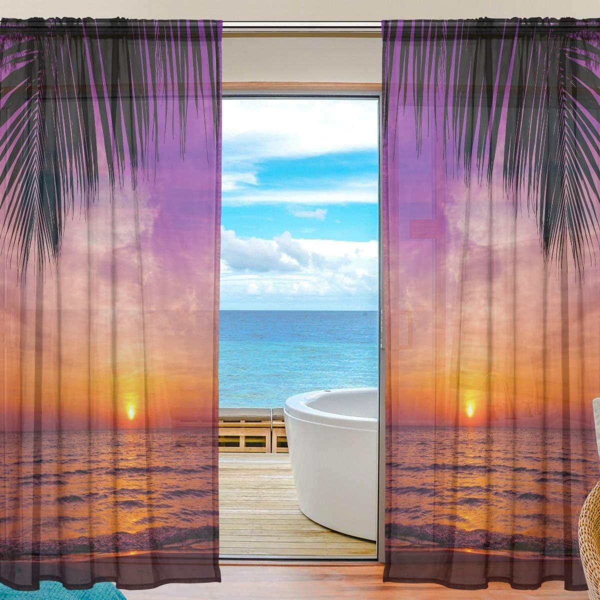 FREEAMG Beautiful Plam Tree Sunset Above Sea Sheer Curtains Window ...