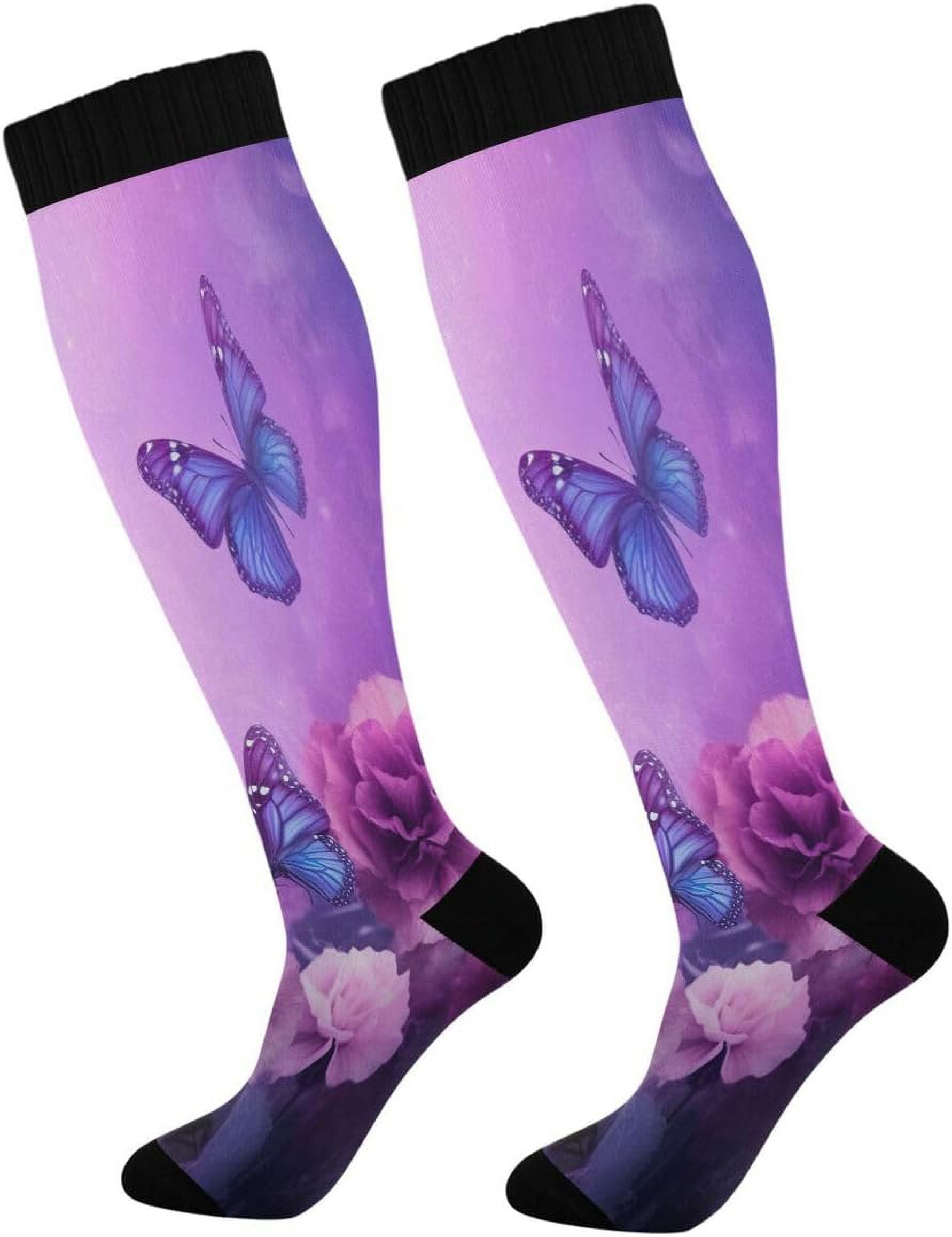 FREEAMG Beautiful Purple Butterfly Compression Socks Women Men Knee ...