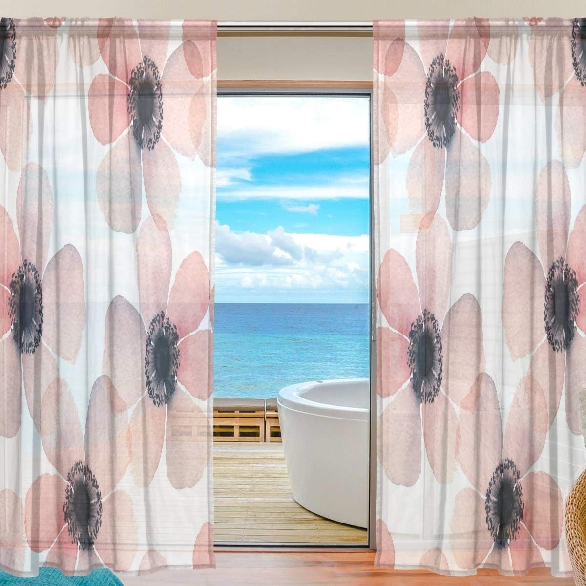 FREEAMG Beautiful Watercolor Pink Anemone Floral Sheer Curtains Window ...