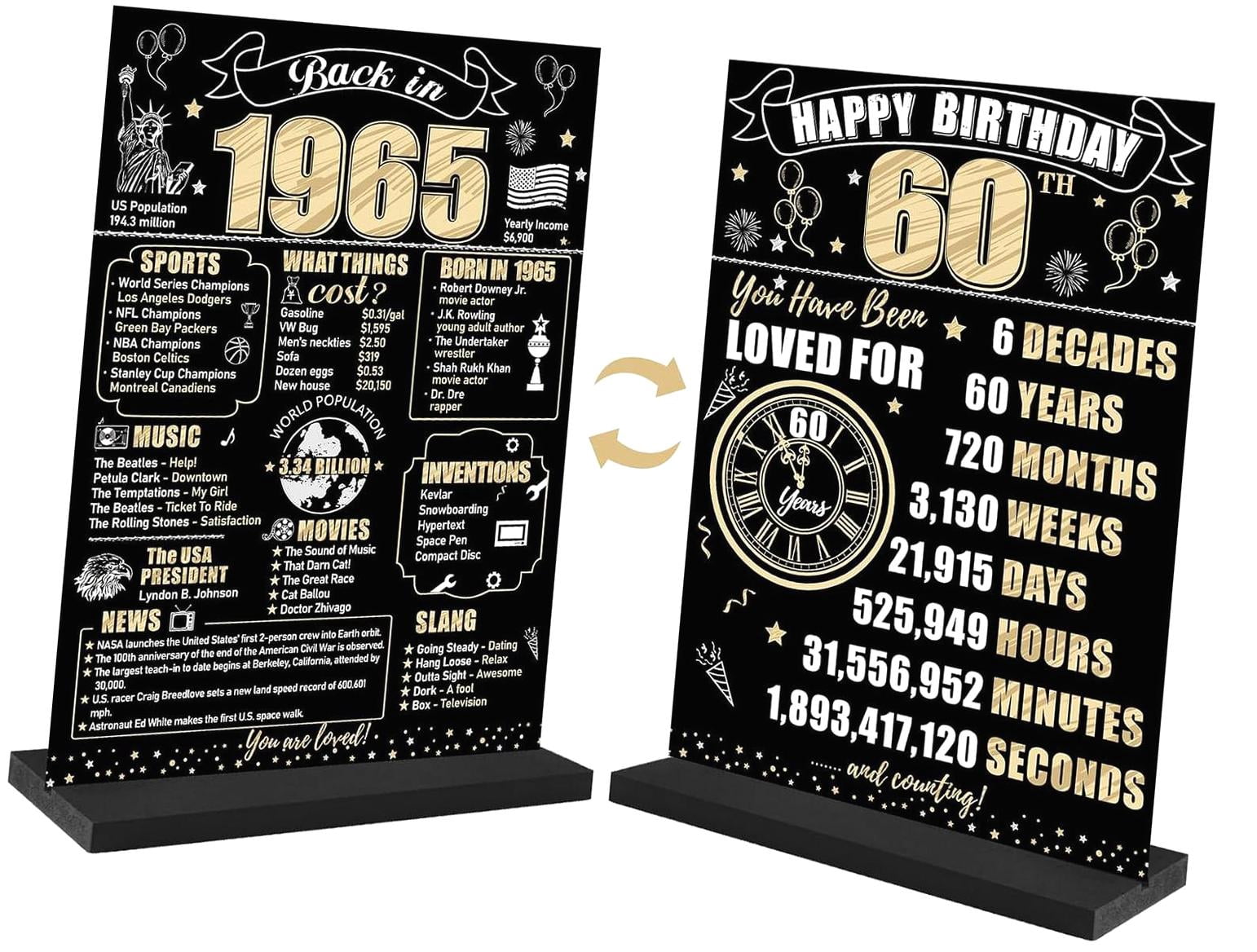 FREEAMG Black 60th Birthday Decorations Vintage 1965 Table Sign for Men ...