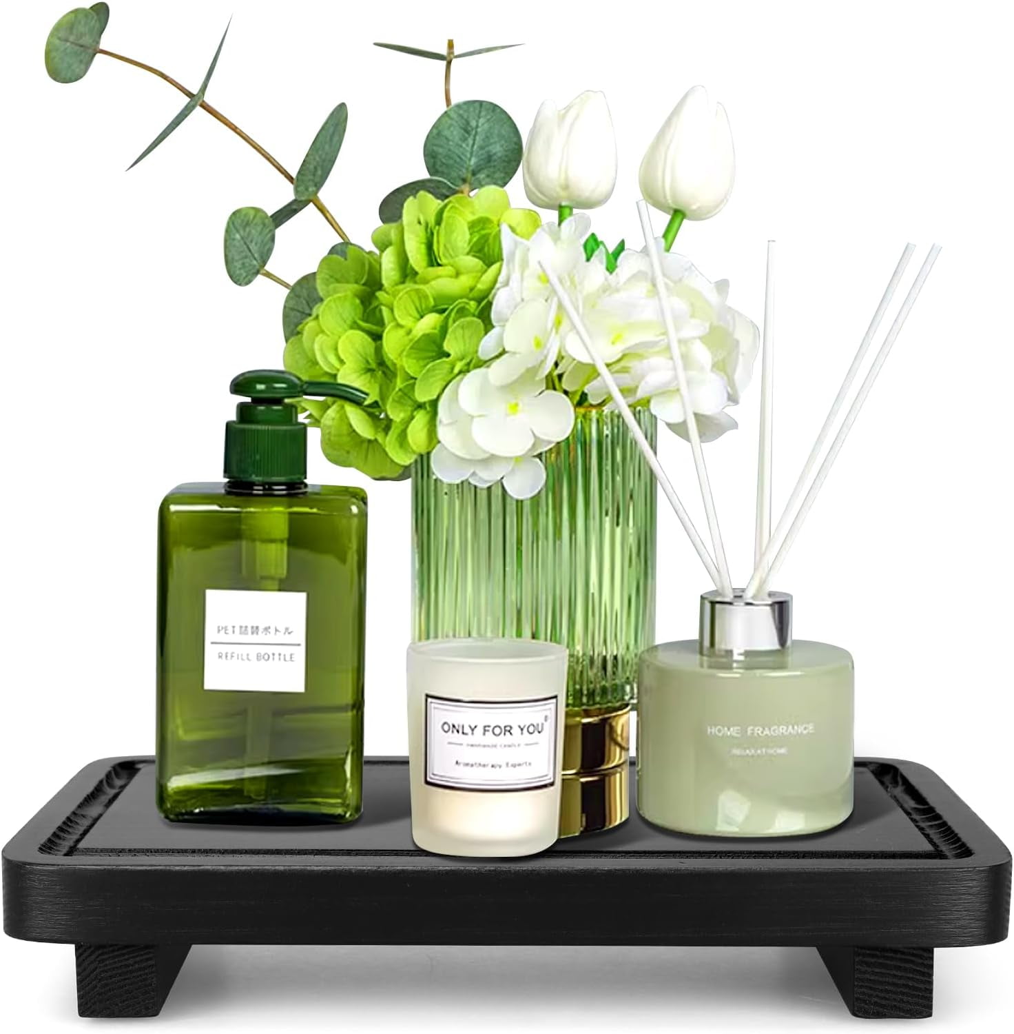 FREEAMG Black Bathroom Counter Organizer Tray Wood Riser Kitchen Counte ...