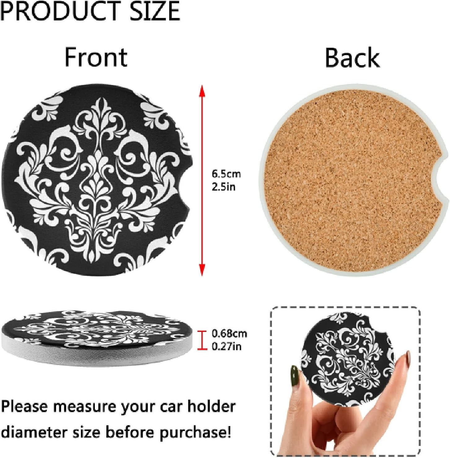 FREEAMG Black Damask Baroque Floral Car Coasters 2 PCS Drinks Absorbent ...