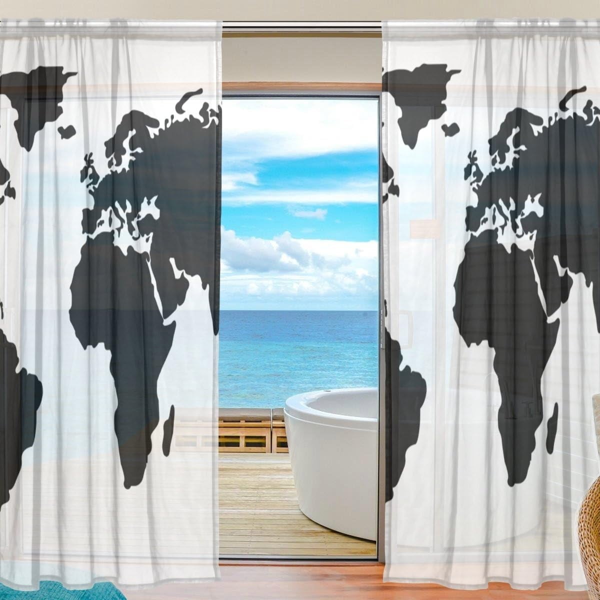FREEAMG Black World Map Sheer Window Curtain Panel Drape 55x84 Inch for ...