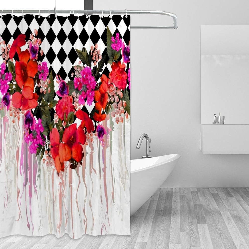 FREEAMG Black and White Geometry Shower Curtain Set with 12 Hooks Pink Floral Fabric Bath ...
