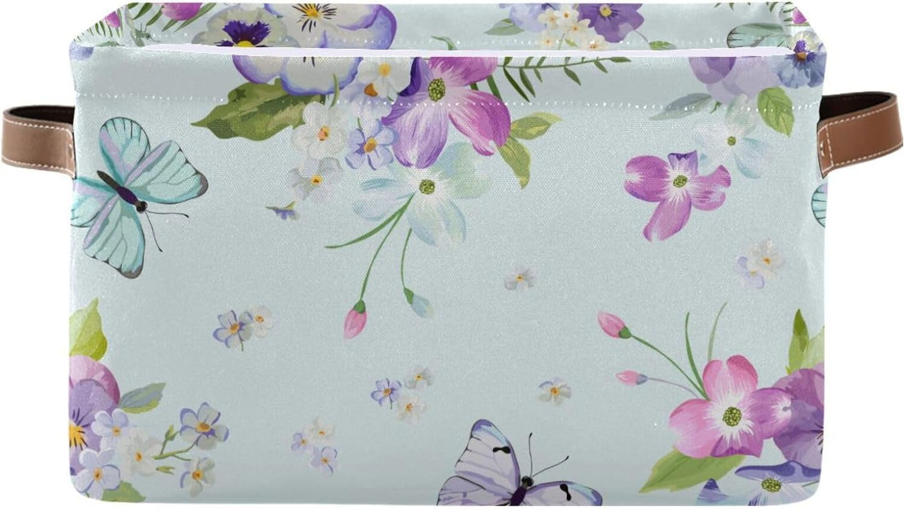 FREEAMG Blooming Flowers and Butterflies Storage Basket, Durable Canvas ...