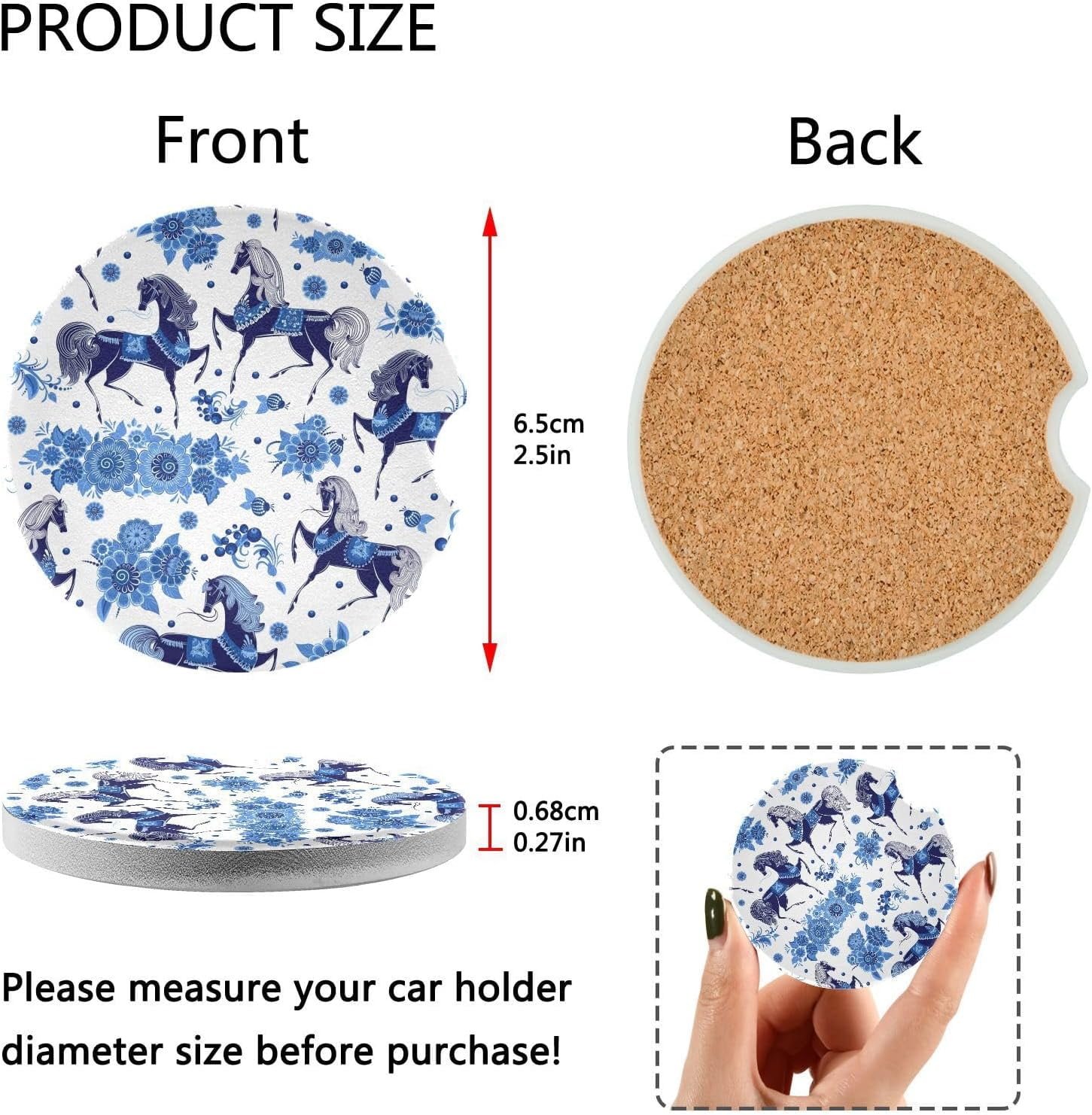 FREEAMG Blue Horse Floral Car Coasters 2 PCS Drinks Absorbent Ceramic ...