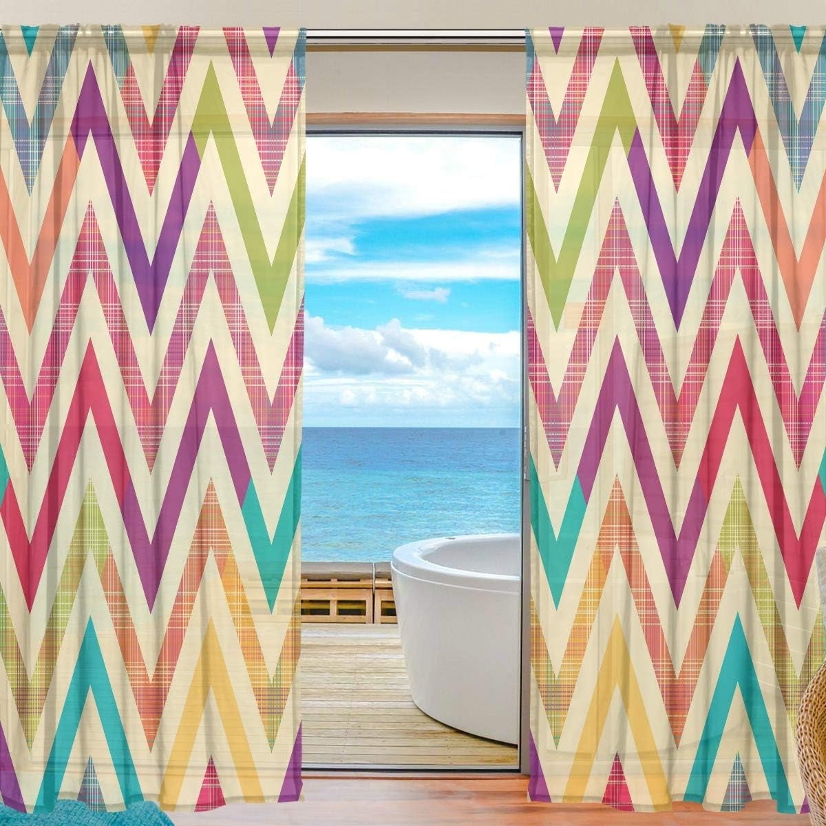 FREEAMG Bright Multicolored Chevron Sheer Curtains Window Voile Panels ...