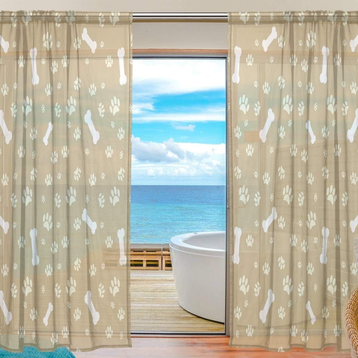 FREEAMG Brown Dog Paw Print Bone Sheer Curtains Window Voile Panels ...