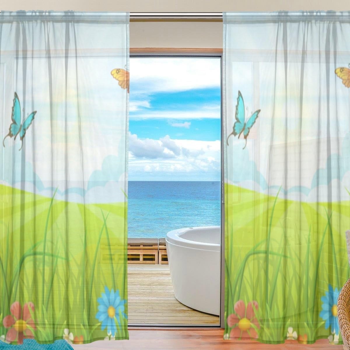 FREEAMG Butterflies in Grass Sheer Window Curtain Panel Drape 55x78 ...