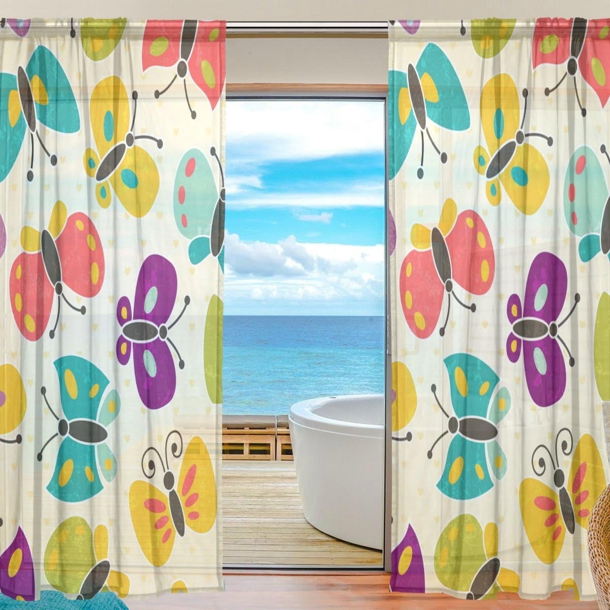 FREEAMG Cartoon Butterfly Sheer Window Curtain Panel Drape 55x78 Inch ...