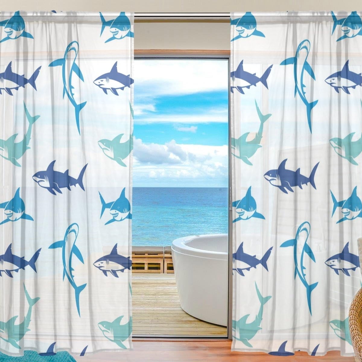FREEAMG Cartoon Colorful Sharks Sheer Window Curtain Panel Drape 55x84 ...