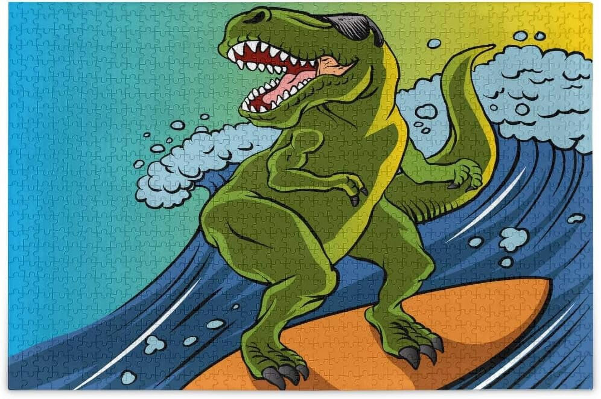 FREEAMG Cartoon Dinosaur Animal Surfing Ocean Waves On Surfboard Jigsaw ...