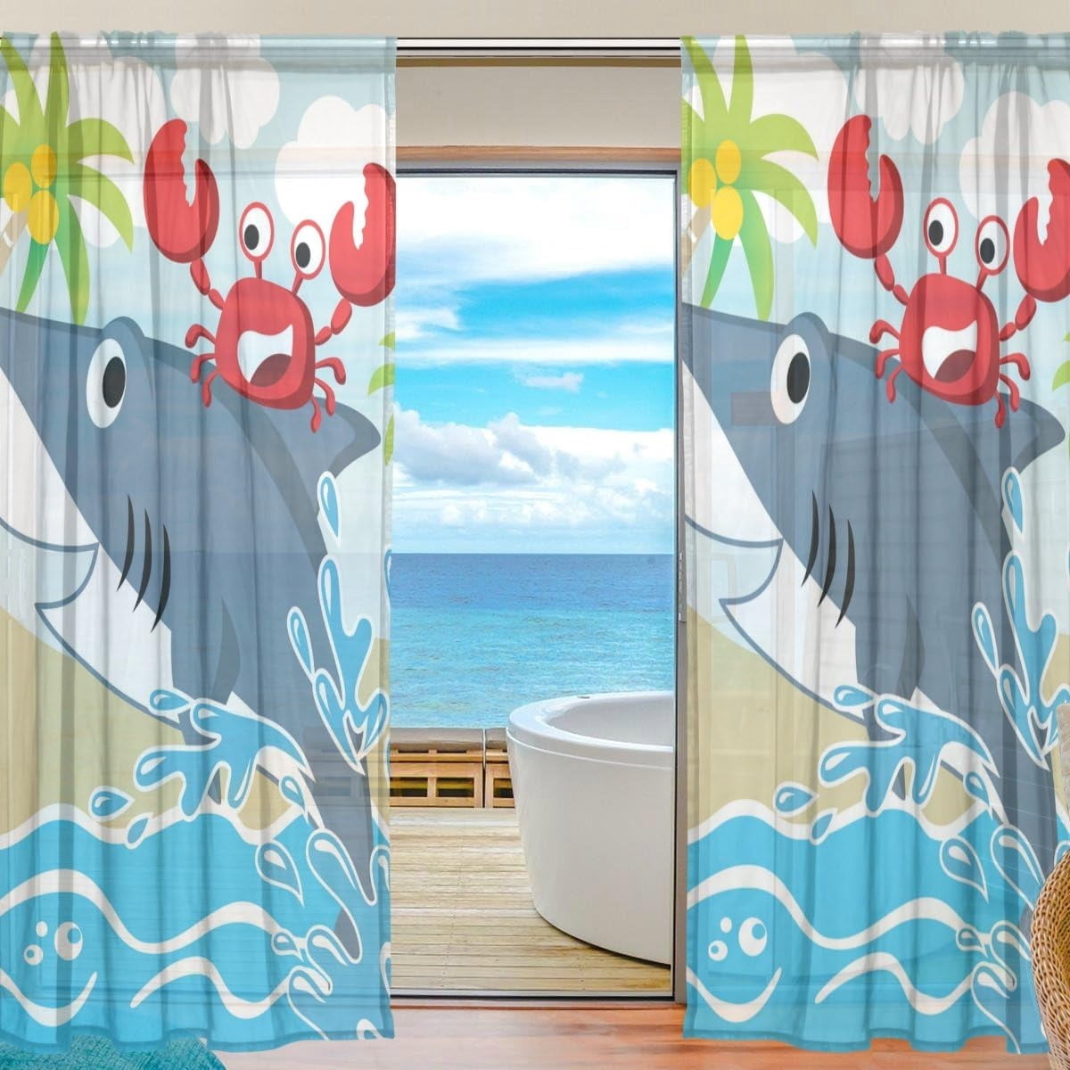 FREEAMG Cartoon Shark Crab Sheer Window Curtain Panel Drape 55x84 Inch ...