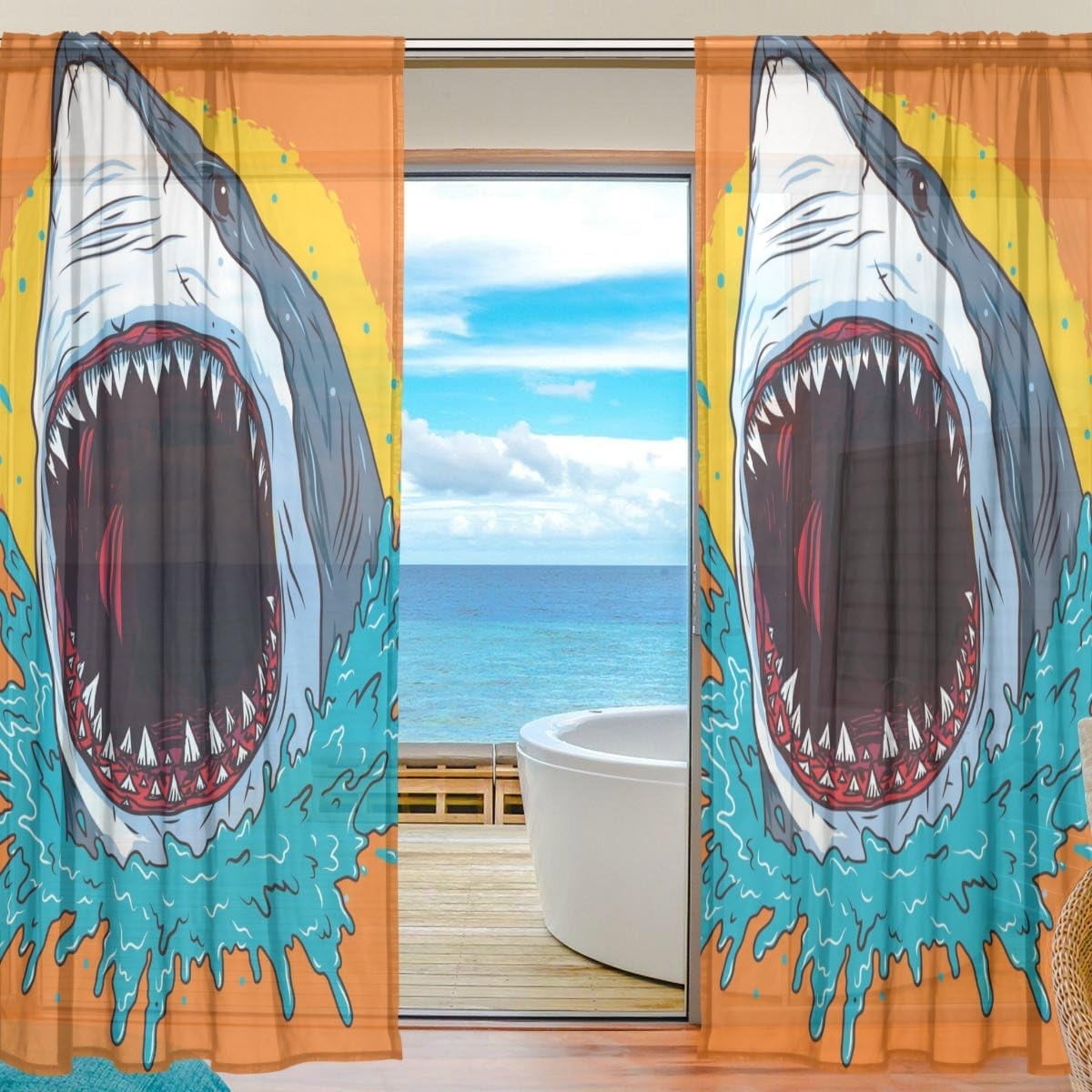 FREEAMG Cartoon Shark Sheer Window Curtain Panel Drape 55x78 Inch for ...