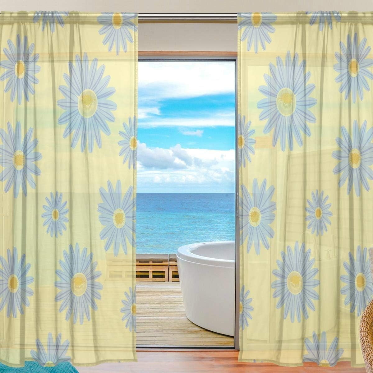 FREEAMG Chamomile Flowers Yellow Sheer Curtains Window Voile Panels ...