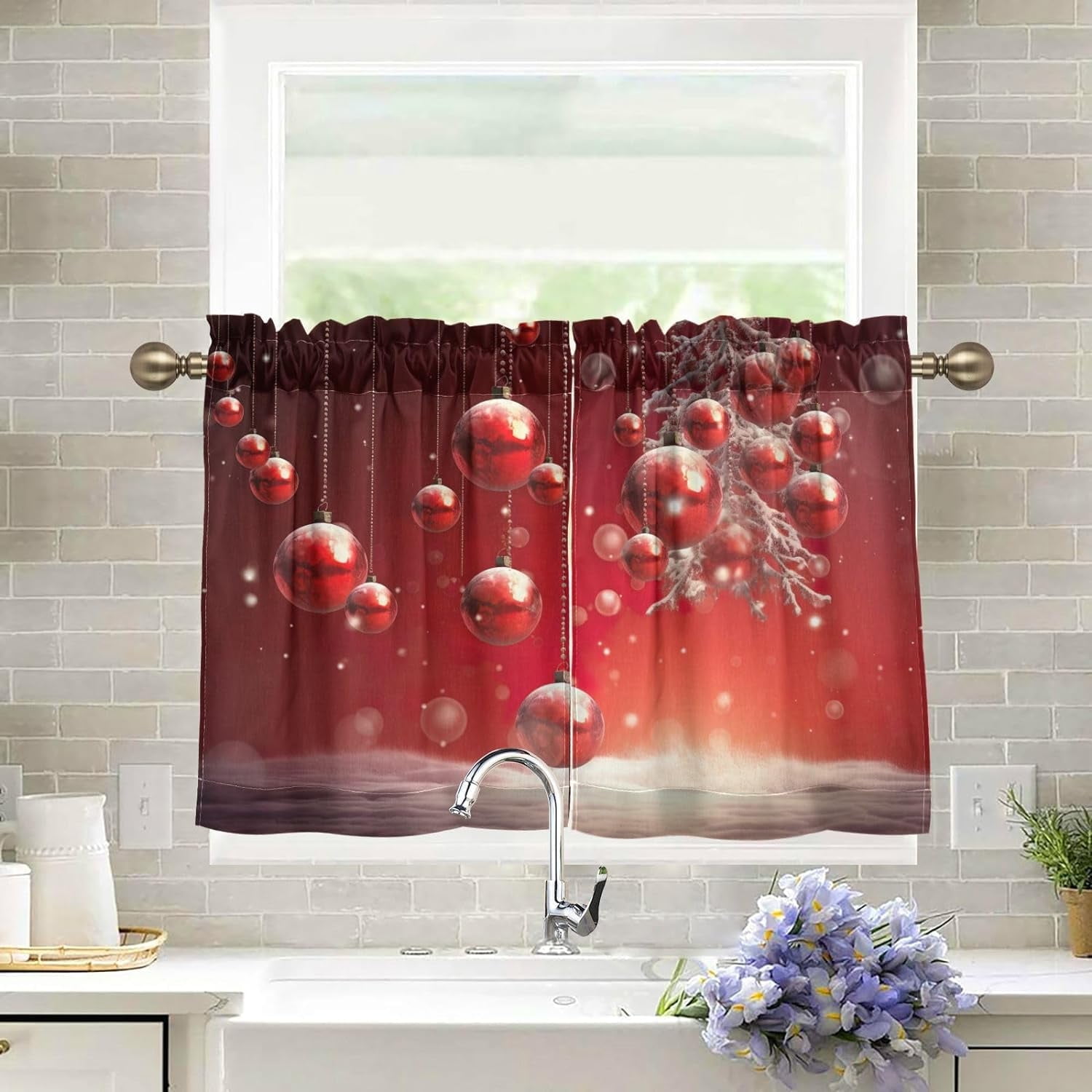 FREEAMG Christmas Bell Half Window Tier Curtains 36 Inch Blackout ...