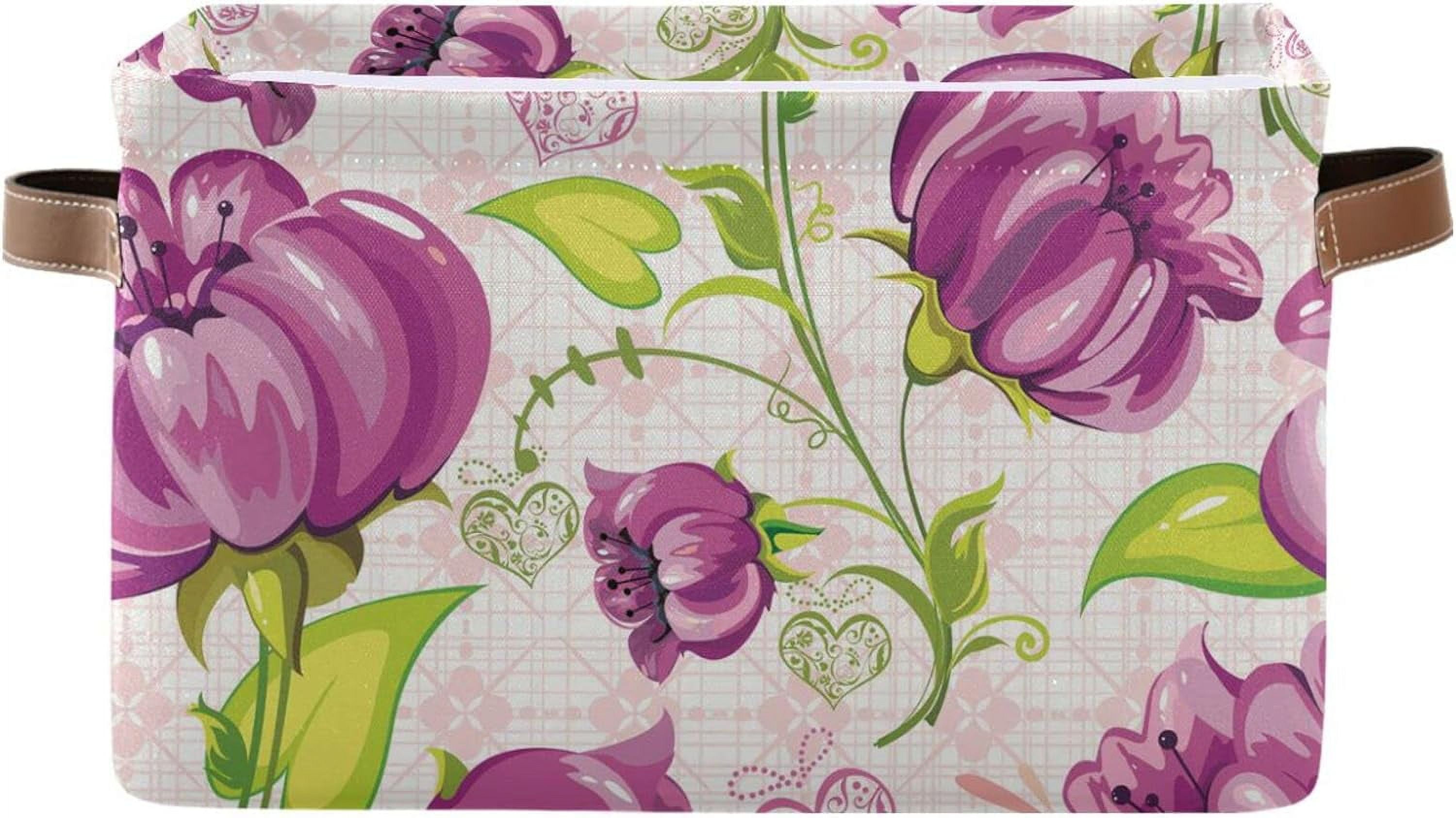 FREEAMG Collapsible Storage Basket Purple Flowers and Love Rectangular ...