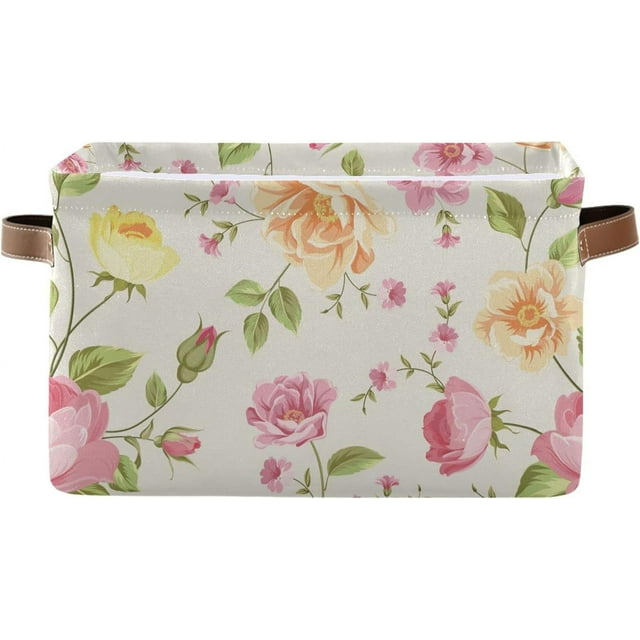 FREEAMG Collapsible Storage Basket Red and White Flowers Rectangular ...