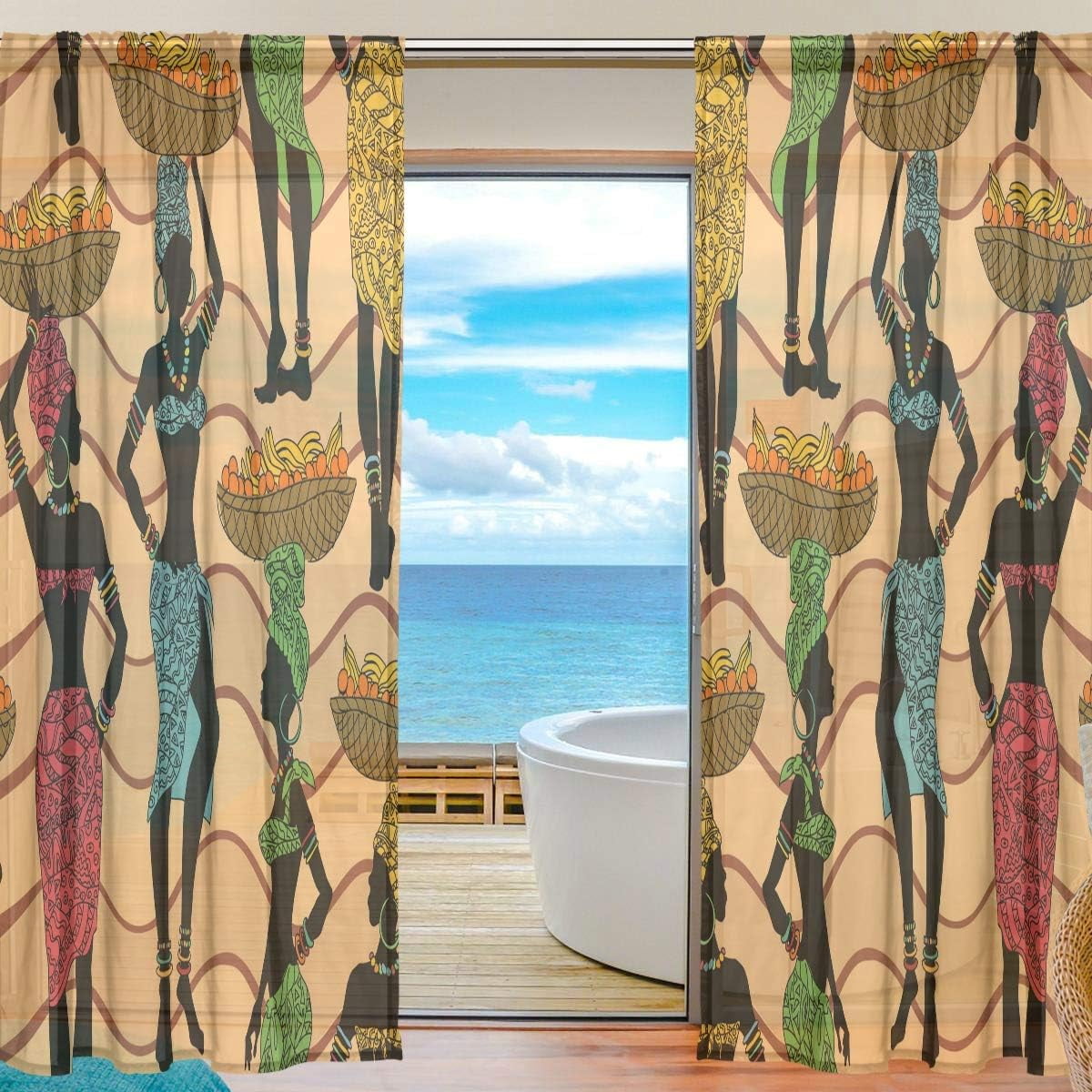 FREEAMG Colorful African Women Fruits Yellow Sheer Curtains Window ...