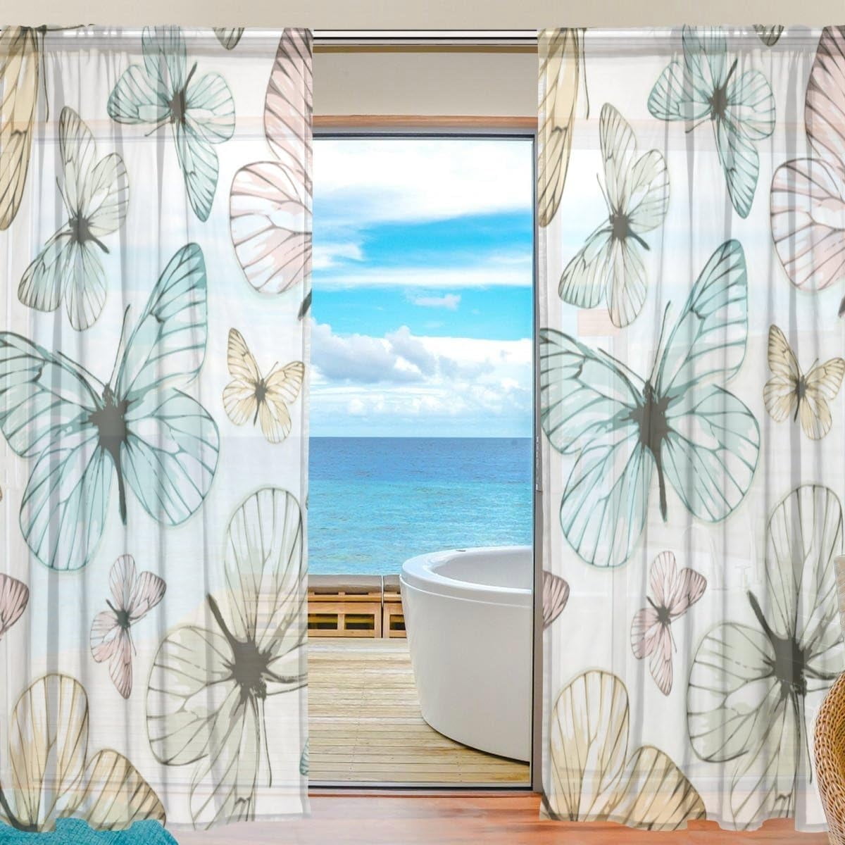 FREEAMG Colorful Butterfly Sheer Window Curtain Panel Drape 55x84 Inch ...
