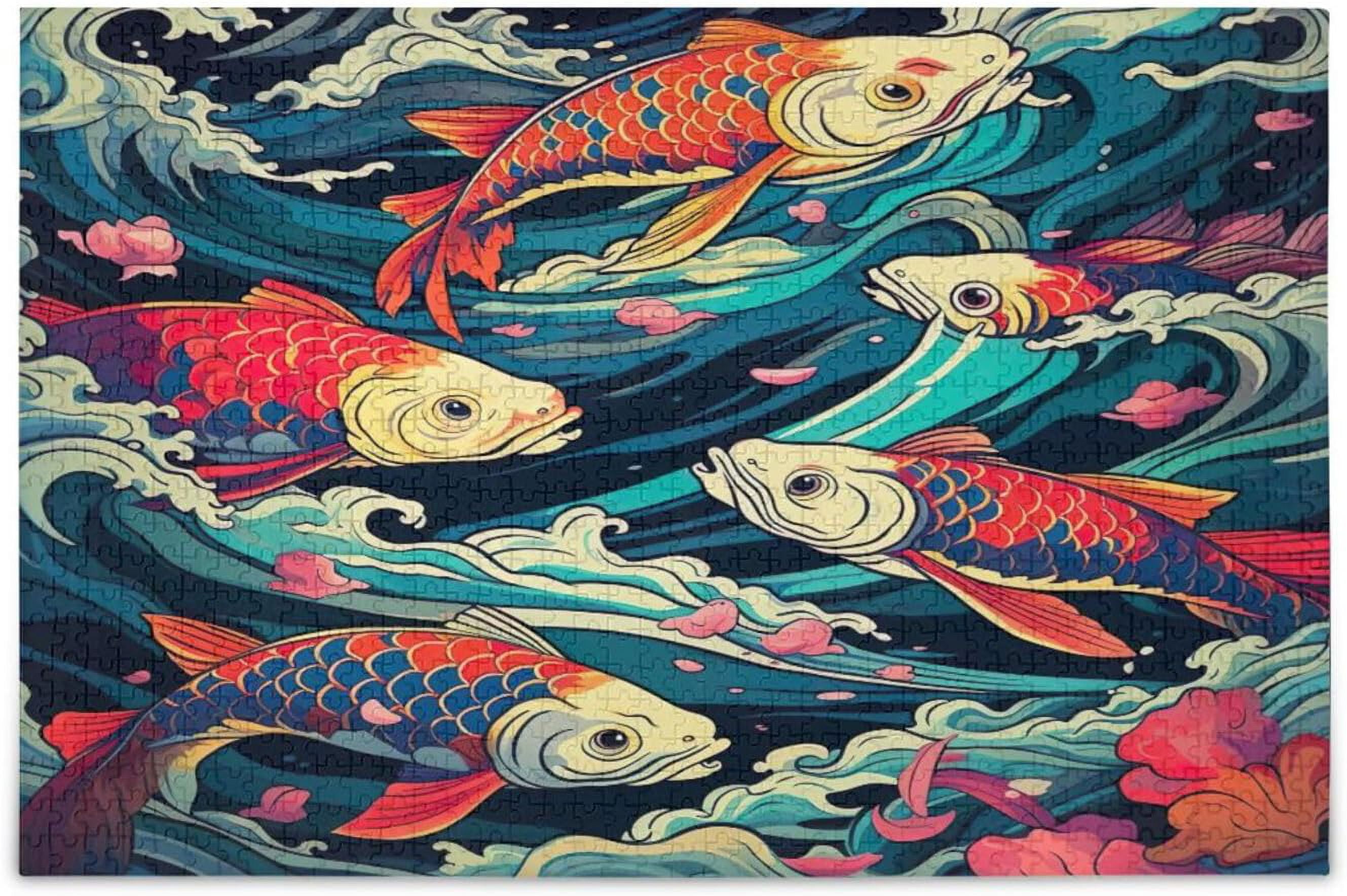 FREEAMG Colorful Fish Waves Puzzle 1000 Pieces - Wooden Jigsaw Puzzles ...