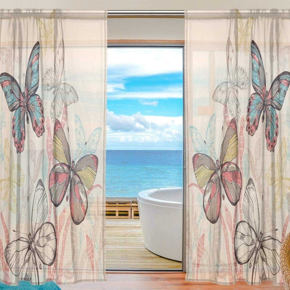 FREEAMG Colorful Flying Butterflies Sheer Curtains Window Voile Panels ...