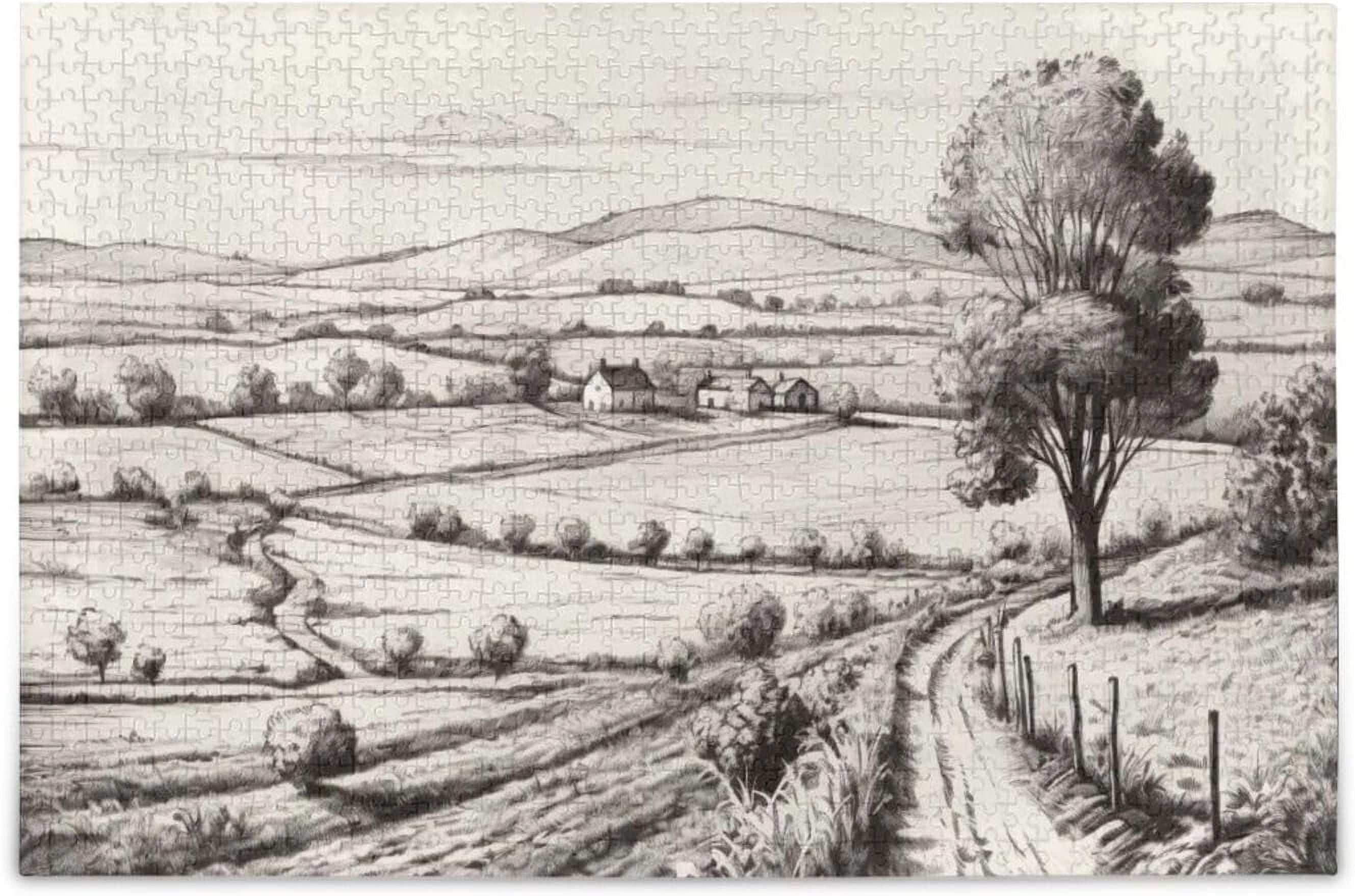 FREEAMG Countryside Drawing Puzzle 1000 Pieces - Wooden Jigsaw Puzzles ...