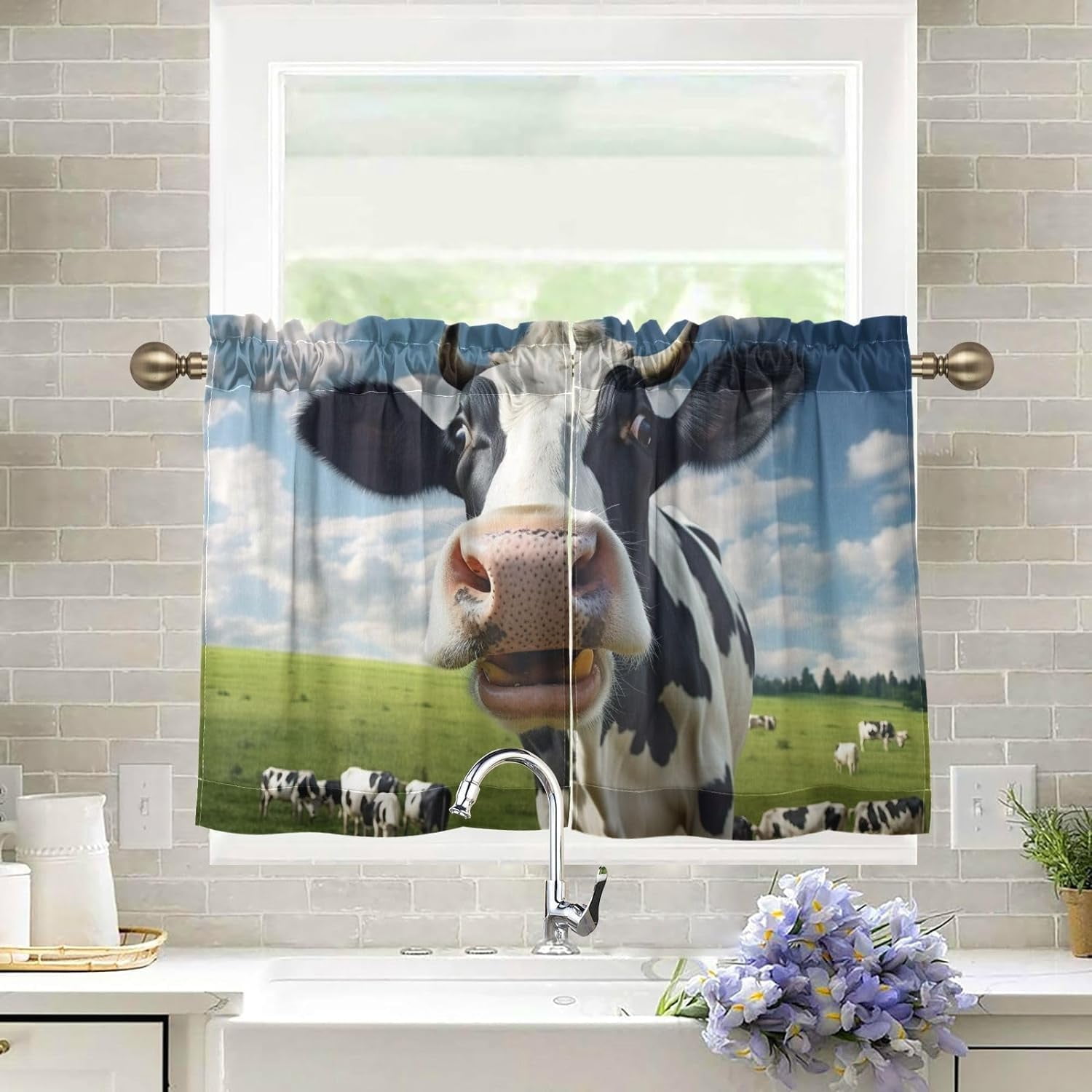 FREEAMG Cows Half Window Tier Curtains 24 Inch Blackout Thermal ...