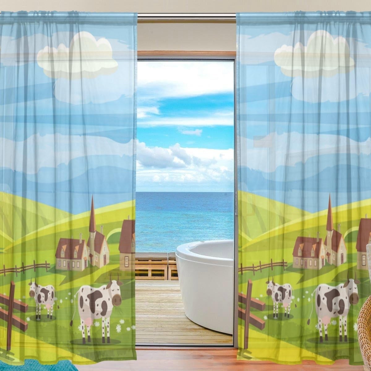 FREEAMG Cows On A Green Field Sheer Window Curtain Panel Drape 55x78 ...