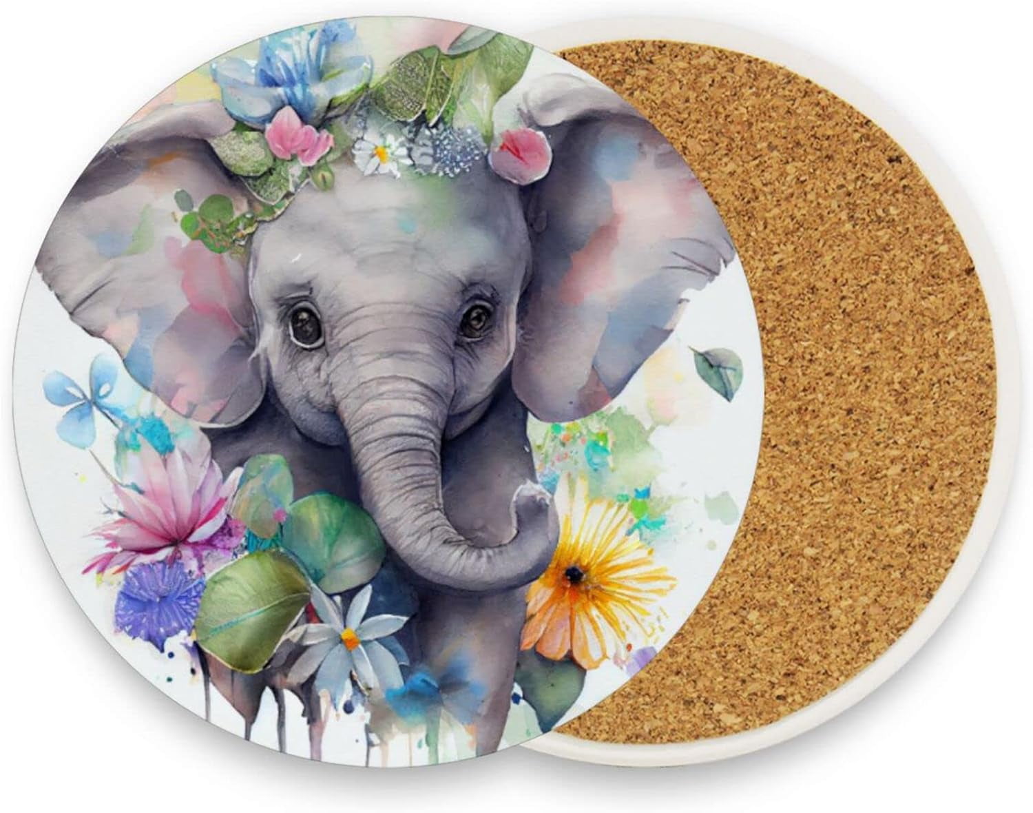 FREEAMG Cute Elephant Watercolor Coasters for Drinks Set of 2 ...