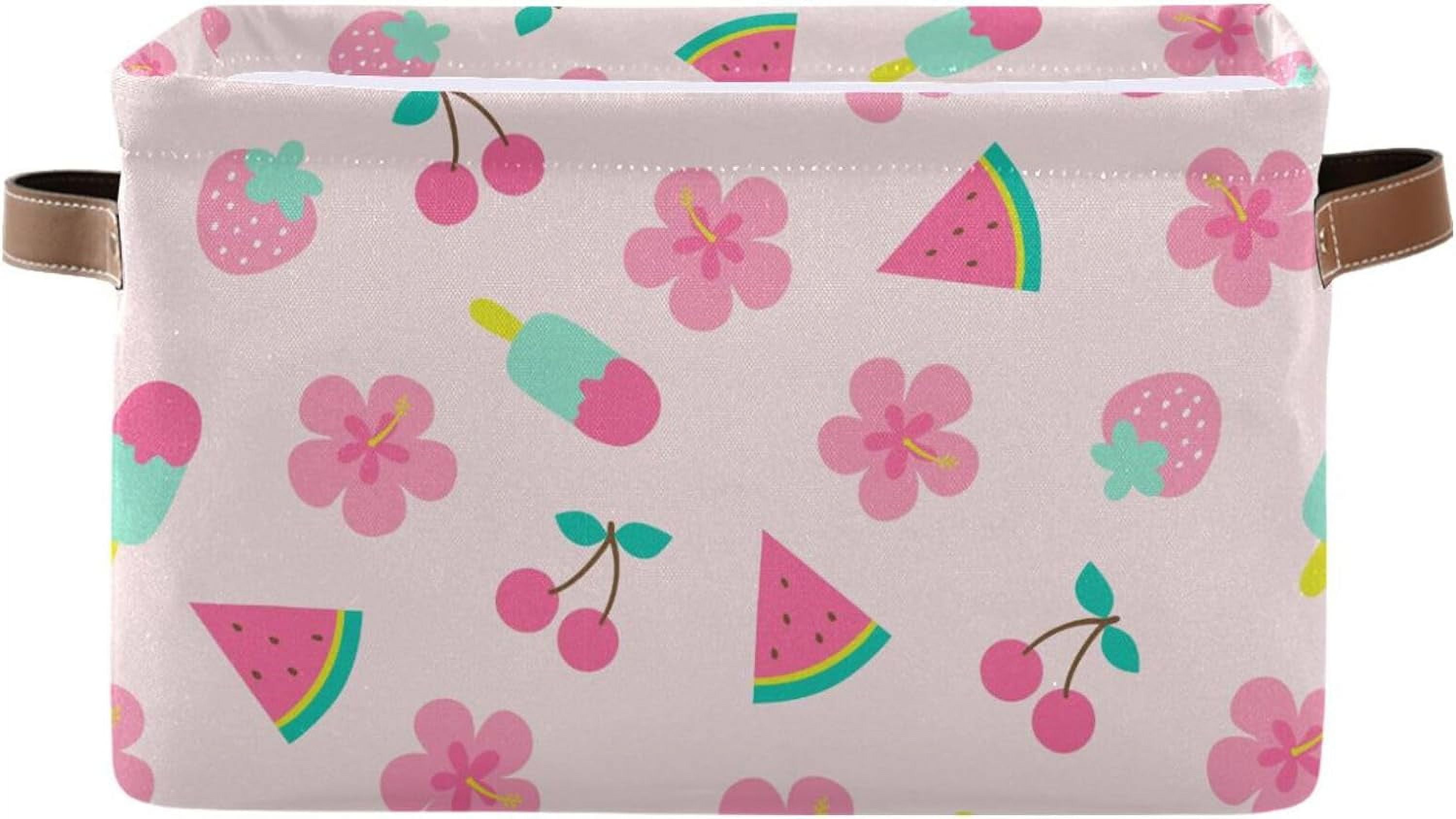 FREEAMG Cute Hand Drawn Pink Hibiscus and Fruits Storage Basket ...
