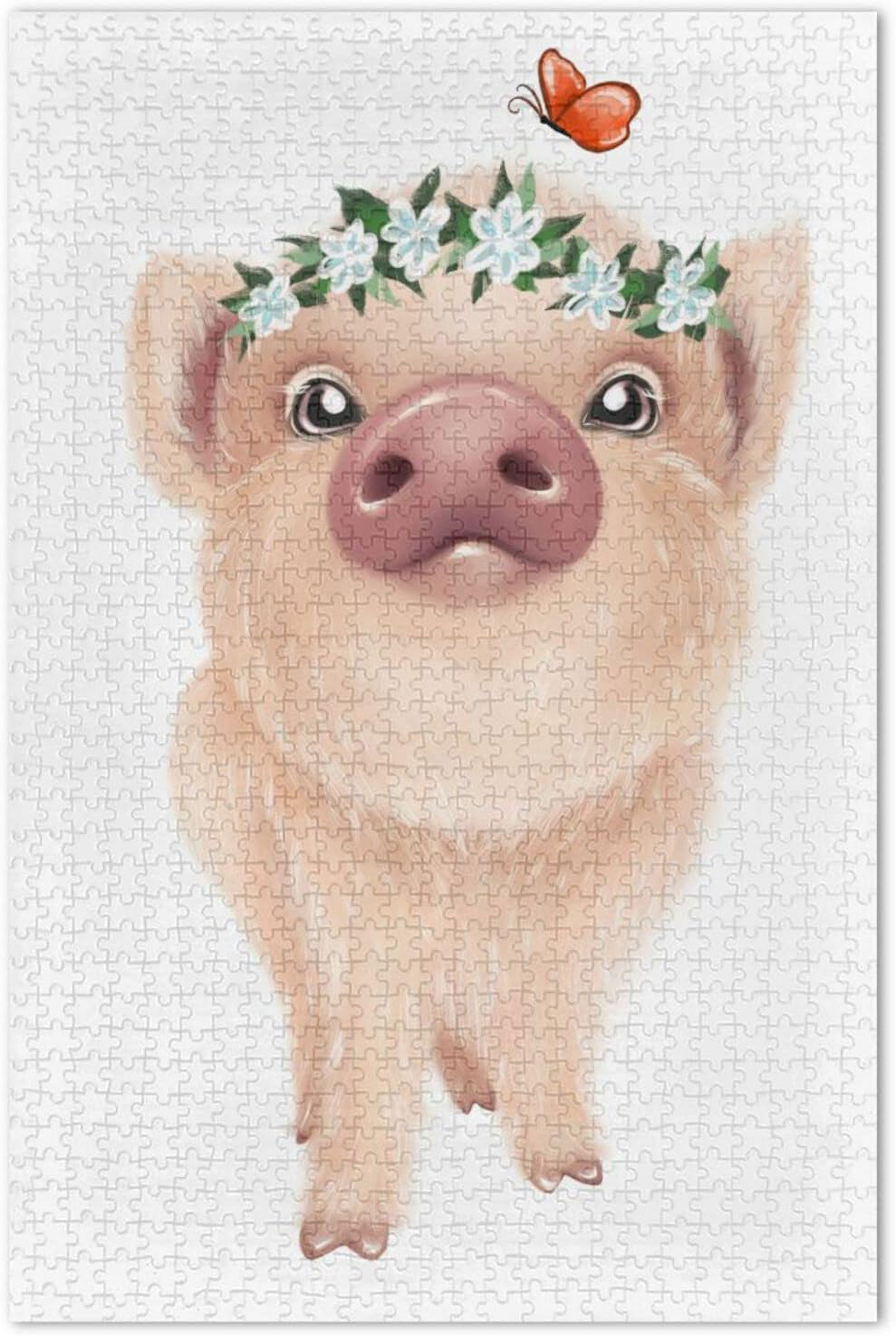 FREEAMG Cute Little Pig in Floral Wreath 1000 Piece Jigsaw Puzzle, Wall ...