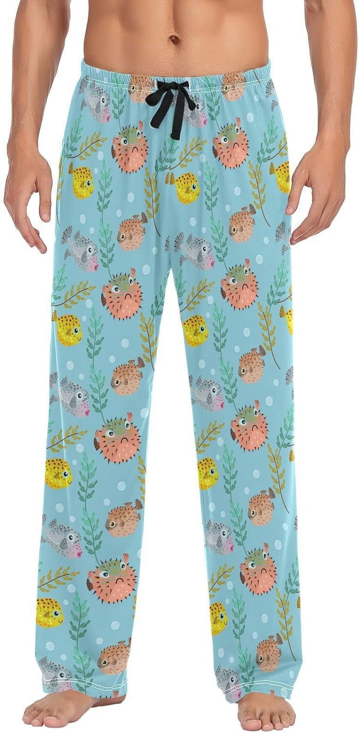 FREEAMG Cute Puffer Fish Leaf Branch Men's Pajama Pants Sleepwear ...