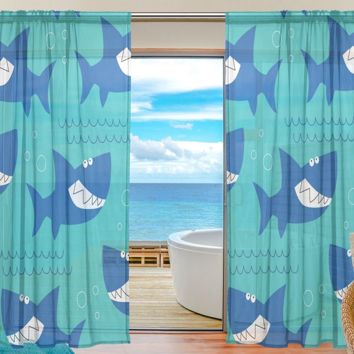 FREEAMG Cute Sharks Mouth Sheer Window Curtain Panel Drape 55x78 Inch ...