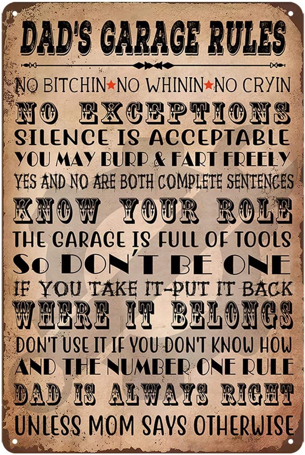 FREEAMG Dad's Garage Metal Tin Signs - Dad's Cave Rules Hanging Sign for Men, Dads Garage Rules ...