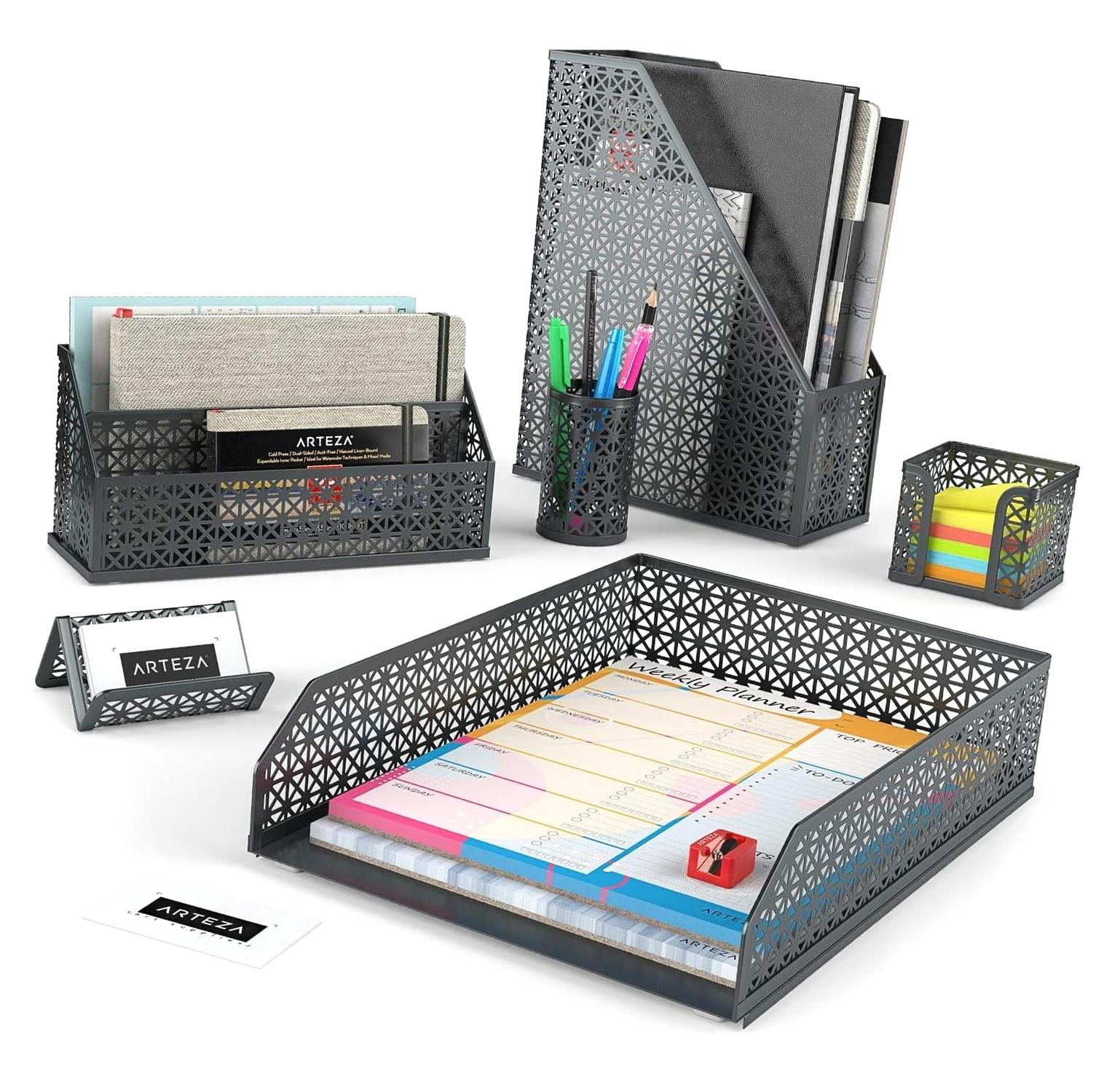 FREEAMG Desk Organizer Set, 6-Piece Dark Gray Collection, Featuring Pencil Holder, Document ...