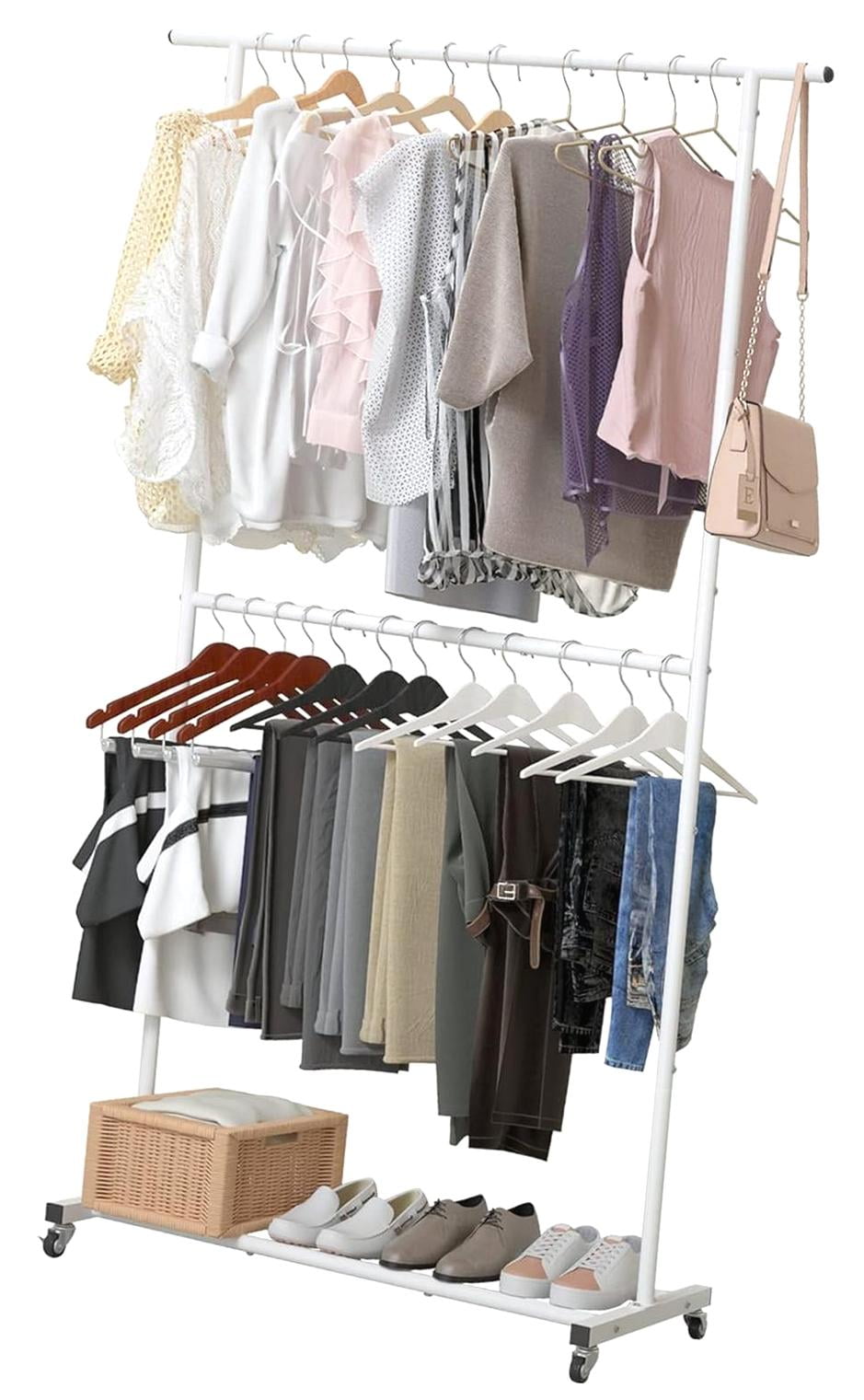 FREEAMG Double Rod Clothing Garment Rack, Rolling Clothes Organizer on ...