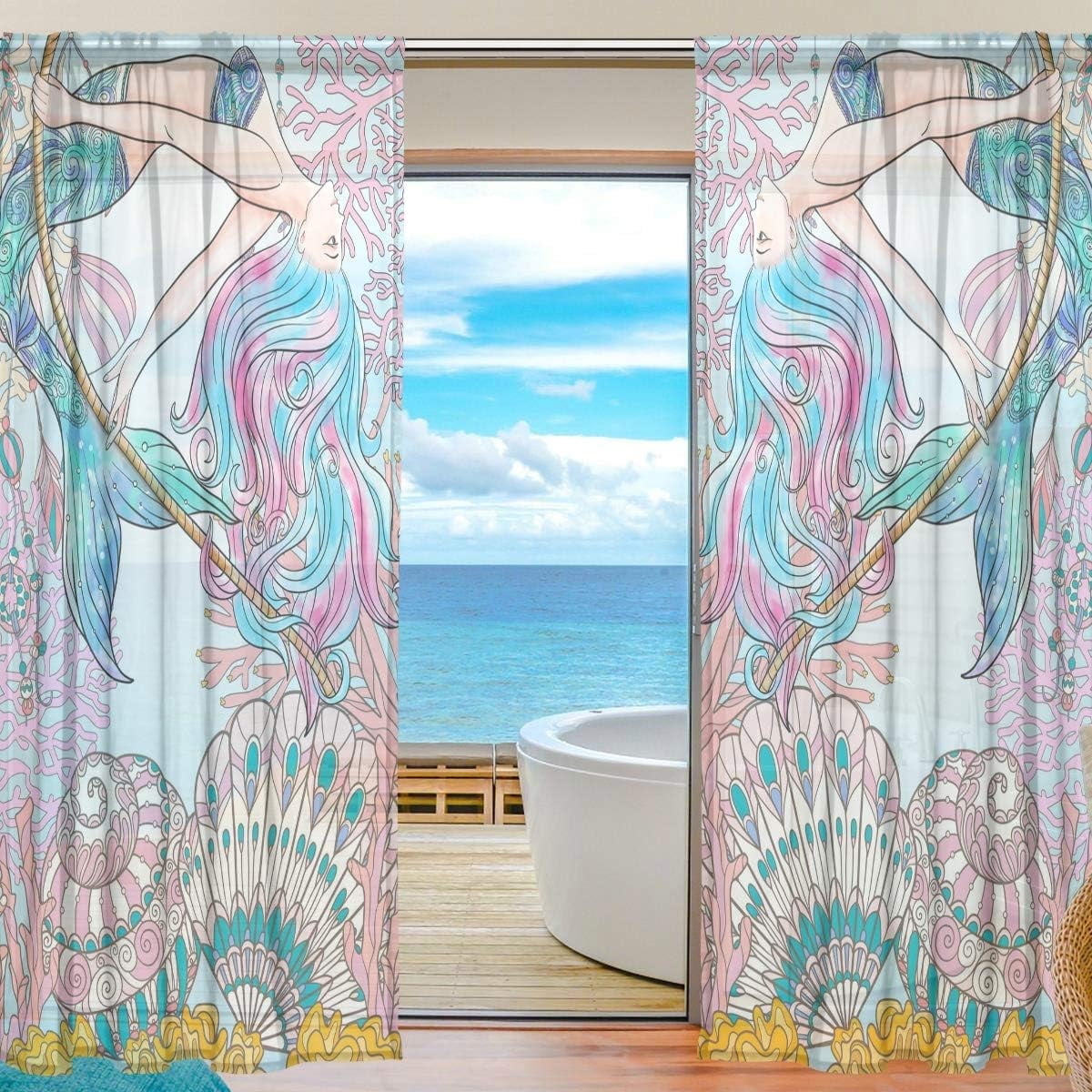 FREEAMG Dreamy Cartoon Mermaid Coral Pink Sheer Curtains Window Voile ...