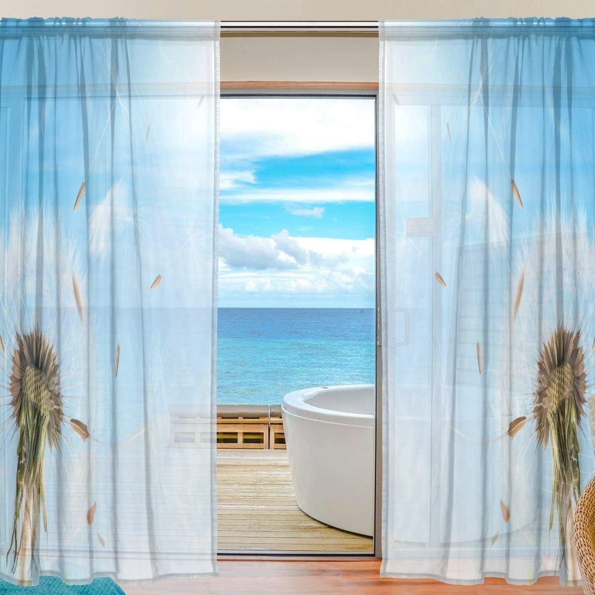 FREEAMG Dreamy Flying Dandelion Blue Sheer Curtains Window Voile Panels ...
