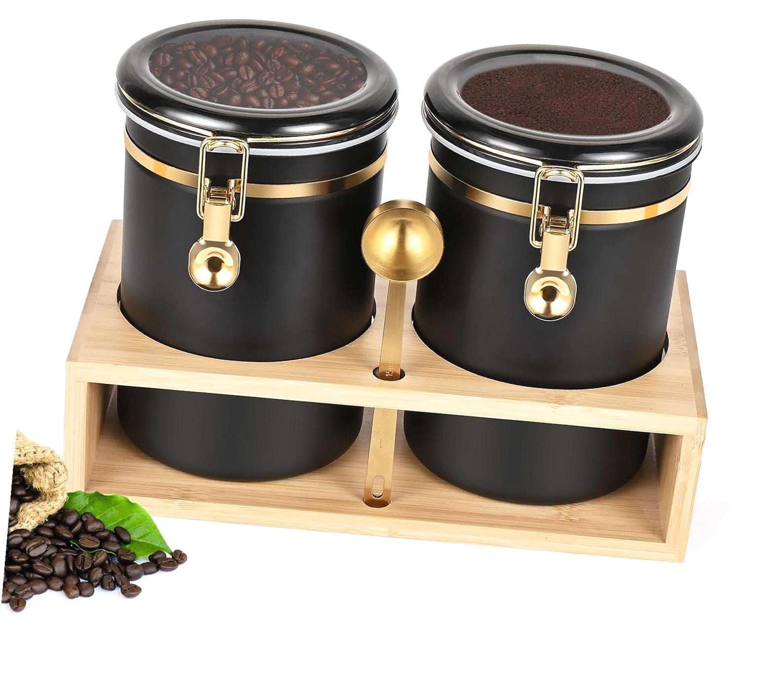 FREEAMG Dual 63OZ Stainless Steel Coffee Canisters with Wooden Shelf ...